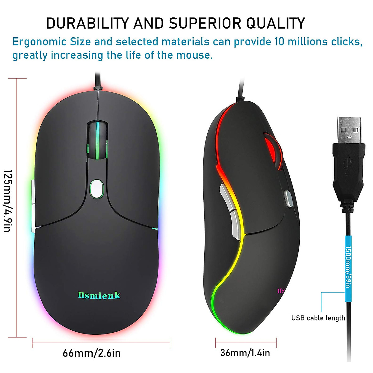 Wired Mouse, Mouse for Laptop with Easy Click for Office, Home, Gamer, 3200DPI, Programmable Buttons, USB LED Backlit Mice Wired Computer Mouse Compatible with Laptop, PC, Desktop, Black