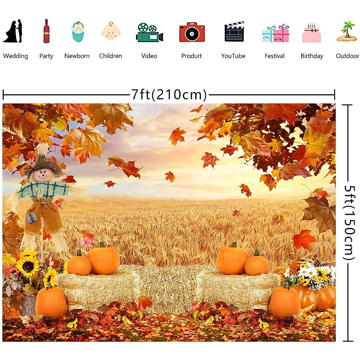 WOLADA 7x5FT Fall Backdrop Autumn Farm Harvest Backdrop Wheat Field Backdrop Thanksgiving Backdrop Farm Scene Backdrop Thanksgiving Photo Backdrop Thanksgiving Backdrops for Photography 12608