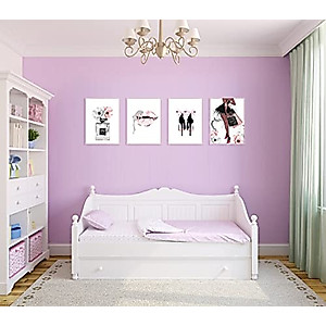 Watercolor Fashion Women Wall Art Glam Poster Modern Artwork for Girls Bedroom Pink Flowers Perfume Handbag High Heel Lips Paintings for Women Room Bathroom Gift (8x10 inch，Set of 4，Unframed)