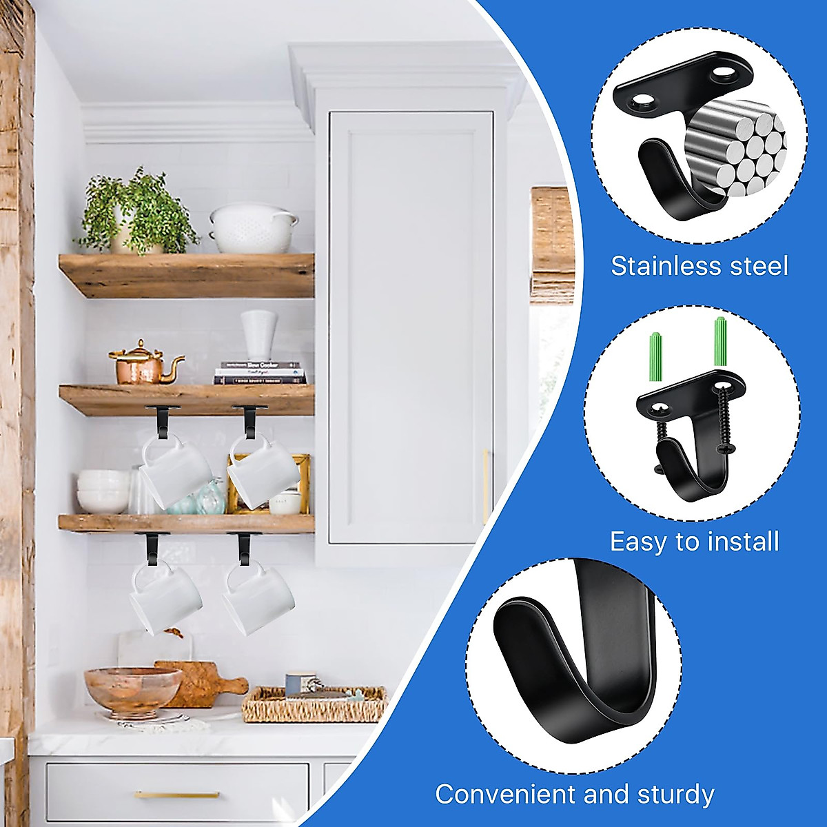 Elesunory 50 Pack Stainless Steel Under Shelf Hooks, Screw Mounted Ceiling Hooks, Under-Shelf Towel/Robe Clothes Hook, Heavy Duty Black Ceiling Hooks for Bathroom Kitchen Cabinet Garage