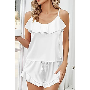 CHYRII Women's Sexy Silk Satin Ruffled Pajamas Sets Cami Shorts Sets Cute PJS Lingerie Slppewear Set White L