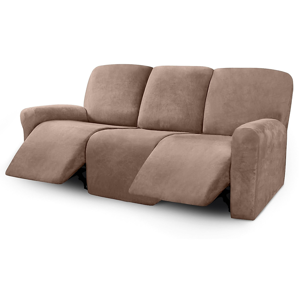 ULTICOR Velvet 8-Pieces Recliner Sofa Covers Stretch Reclining Couch Covers for 3 Cushion Reclining Sofa Slipcovers Furniture Covers Thick Soft Washable (3 Seater Recliner Cover, Sand)