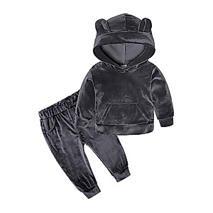 Boys Girls Velvet Hooded Tracksuit Sweatshirt Top + Sweatpants Hoodie Outfit Set