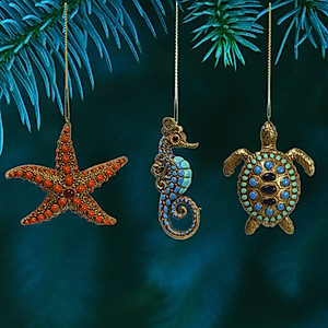 Comfy Hour Under The Sea Collection, Set of 3 Ocean Wild Animal Ornaments, Seahorse, Starfish, Turtle Ornaments, Summer Decoration, Resin