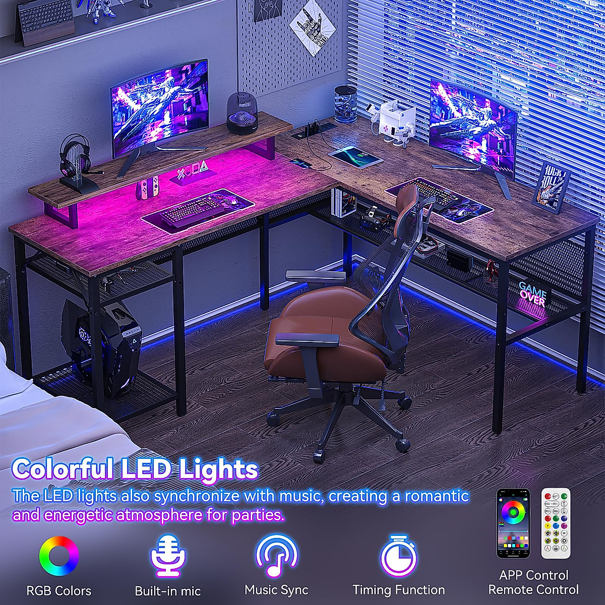 Hyomdeck Reversible L Shaped Computer Desk with Power Outlet & Monitor Stand, 55 Inch Gaming Desk with RGB LED Light, Sturdy Office Corner Desk with Storage Shelf, Easy to Assemble, Rustic Brown