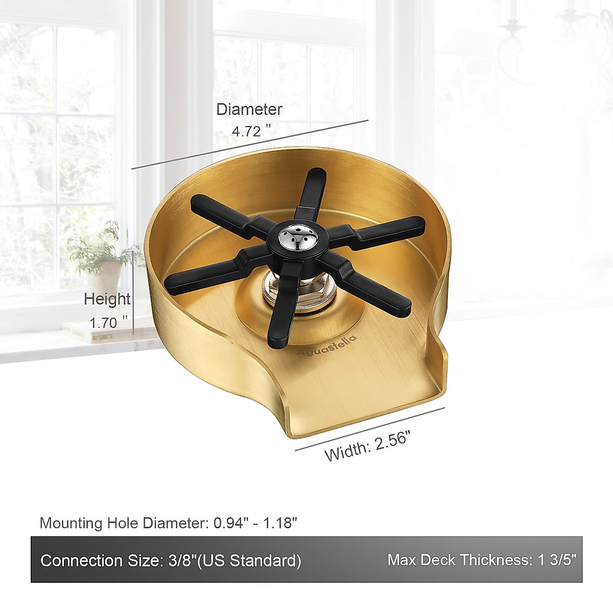 AguaStella ASR01GS Brushed Gold Metal Glass Rinser for Kitchen Sink with Cover, Kitchen Sink Cup Riner, Bar Glass Rinser, Kitchen Sink and Bar Sink Accessory