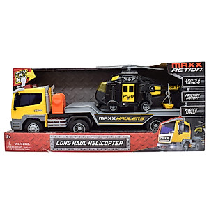 Sunny Days Entertainment Semi Truck Helicopter Carrier Transport – Lights and Sounds Toy Vehicle with Friction Motor | Realistic Truck and Trailer for Kids – Maxx Action