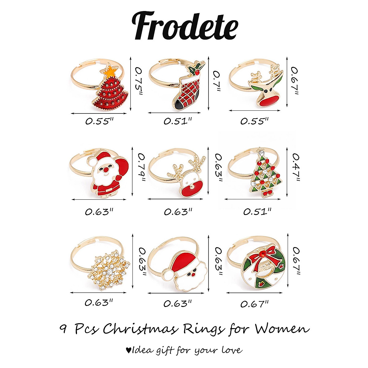Frodete 9 Pcs Christmas Rings for Women,Rhinestone Christmas Ring Set Gold Santa Claus Bow Snowflake Reindeer Rings for Girls