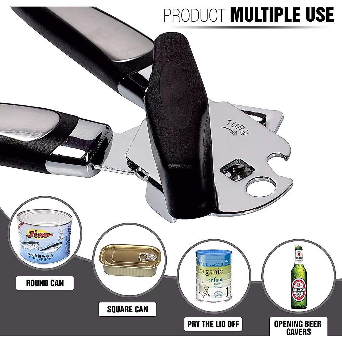 ANDILL Can Opener Manual, Good Grips Anti-slip Hand Grip, Stainless Steel Sharp Blade, with Large Turn Knob, Black/Silver, 8.26 x 2.36 x 2