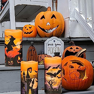 DRomance Halloween LED Flameless Pillar Candles Battery Operated with 6 Hour Timer Set of 3 Orange Wax Warm Light Flickering Witch Bats Castle Spooky Decals Halloween Decor Gifts(3 x 6 Inch)