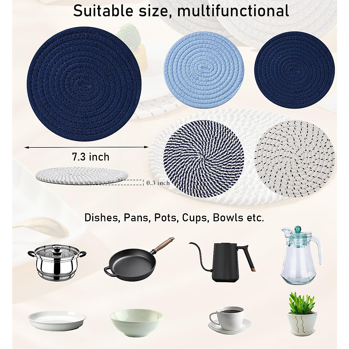 Trivets for Hot Dishes,7.3" Resistant Pot Holders for Kitchen,Kitchen Essentials,Farmhouse Kitchen Decor,Blue Hot Plate Mats,Non-Slip Cotton Material,Blue Kitchen Accessories (Blue)