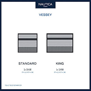 Nautica - Sham, Cotton Reversible Bedding with Envelope Closure, Pre-Washed for Added Softness, Stylish Home Decor (Vessey Grey, 20" x 26")