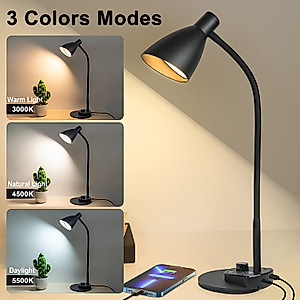 LiFMIRA Small Desk Lamp with USB Charging Port 3 Color Modes Light Induction Smart Auto-Dimming Reading Light CRI 90+ Flexible Gooseneck Desk Lamps for Home Office Dorm Study Room AC Adapter Included