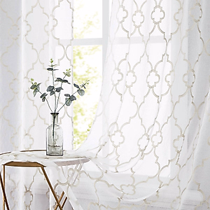 Urban Lotus Moroccan Semi Sheer Curtains 52 x 95 Inch Long Elegant Beige Geometric Lattice Embroidered Curtains for Bedroom Living Room White Linen Textured Sheer Window Draperies, Rod Pocket, 1 Pair