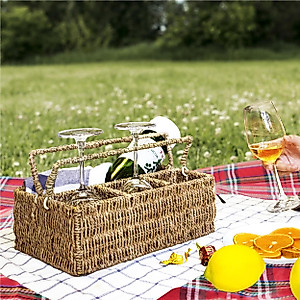 PEMAR Large L-Sized Hand Woven Utensil Caddy Carrier, Natural Jute Wicker Condiment Holder for Table, Kitchen Set Counter Top Silverware Organizer, Rustic Storage Forks, Spoons (Seagrass)