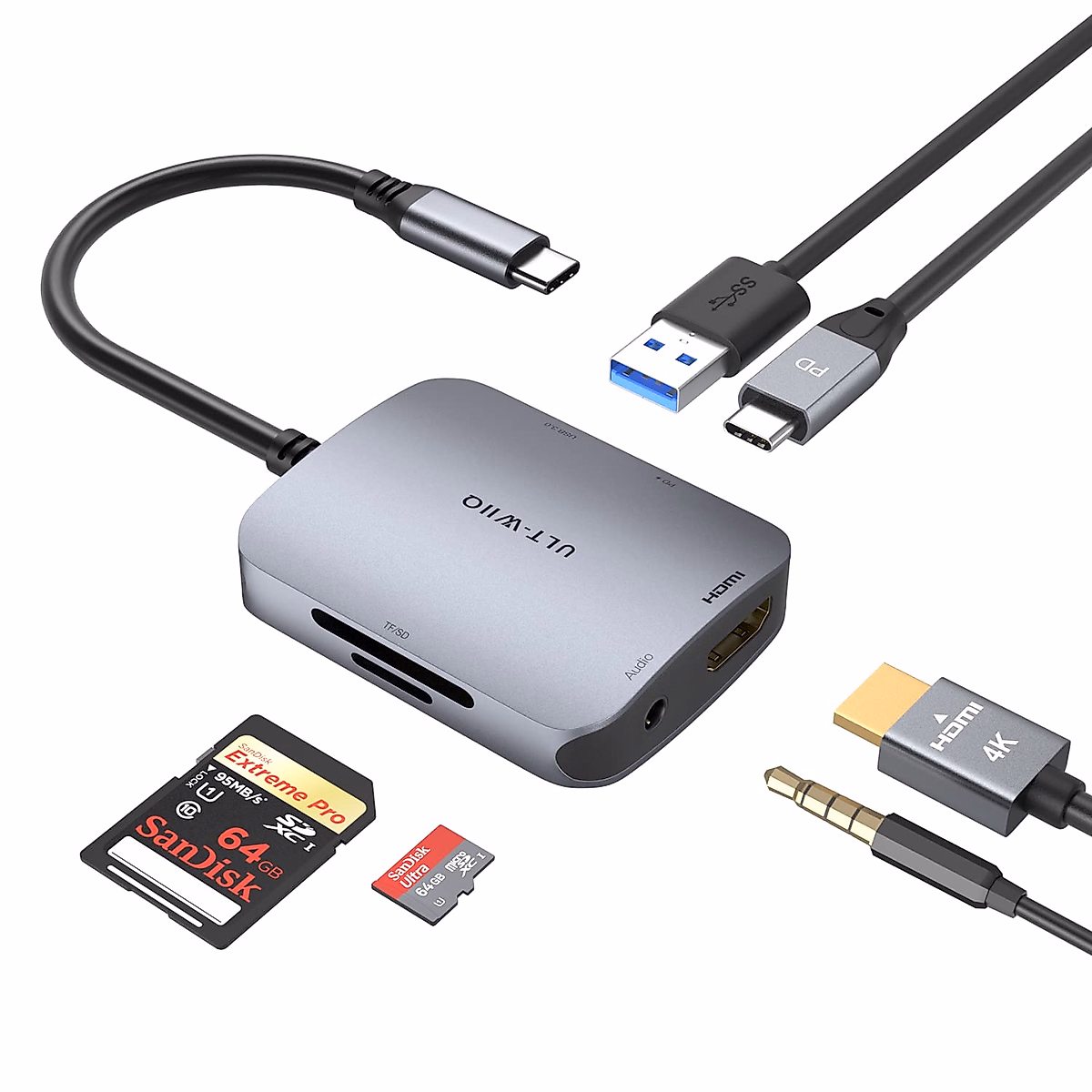 USB C Hub Adapter, USB C HDMI Mini Dongle, 6 in 1 USB C Hub Multiport Adapter with 4K HDMI, 100W PD, USB 3.0, SD/TF Card Reader, 3.5mm Audio for MacBook Pro/Air, iPad, Dell XPS & Other Type-C Devices