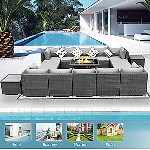 RADIATA PE Wicker Patio Furniture Set Sectional High Back Large Size Sofa Sets with Propane Fire Pit Table 55000 BTU Balcony Rattan Lounge Conversation Sets for Outdoor (17 Pieces,Light Gray)