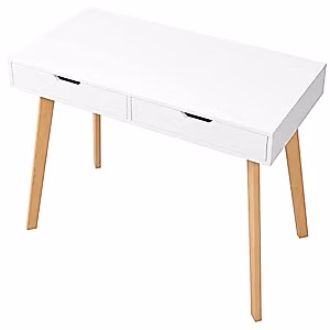 ITUSUT Modern Computer Desk with Drawers, Small White Writing Laptop Desk Makeup Table Vanity Desk with 2 Drawers & Natural Legs for Home Office