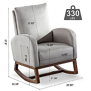 Rocking Chair Nursery Glider Rocker Chair High Backrest Upholstered Velvet Accent Armchair with Side Pocket for Living Room Bedroom Office (Grey)