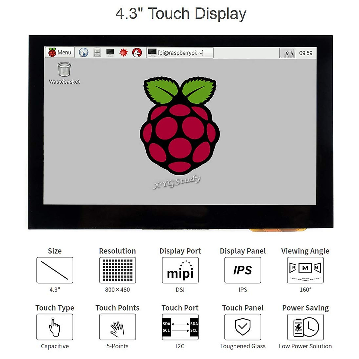 XYGStudy 4.3inch for Raspberry Pi IPS LCD Capacitive Touch Display Screen 800×480 4.3inch IPS Wide Angle MIPI DSI Interface for Raspberry Pi 4 3 2 Model B B+ A+ Raspbian Retropie Ubuntu Driver Free