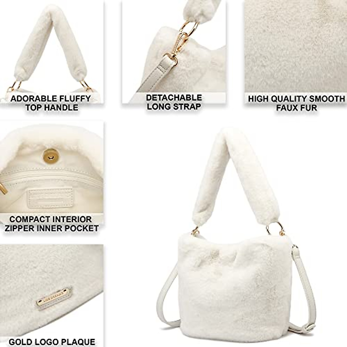 Like Dreams Women's Furry Soft Faux Fur Hobo Top Handle Crossbody Bag Vegan Leather Strap Bucket Satchel Handbag (Ivory)