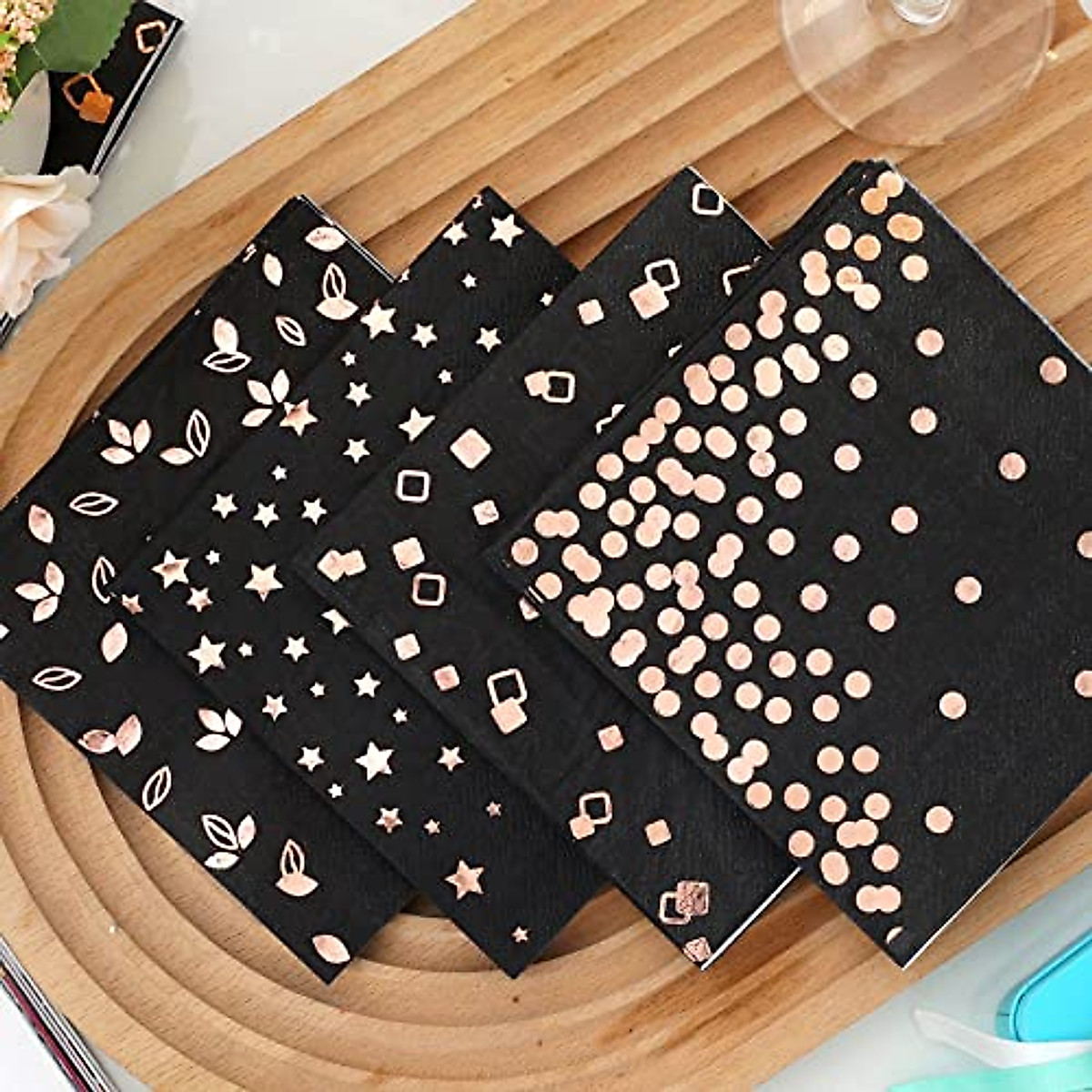 100 Black and Rose Gold Napkins - 4 Assorted Designs, 3-Ply Cocktail Napkins Folded 5x5 Inches Bar Napkins Disposable Beverage Party Napkins Paper Napkins Dinner for Wedding Birthday