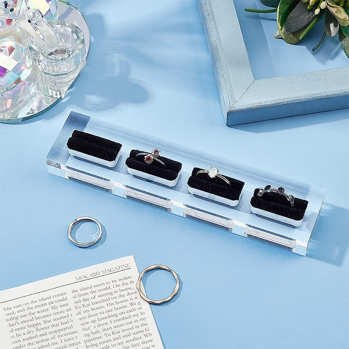 WEBEEDY 4 Slot Acrylic Ring Display Holder Inside Velvet Jewelry Organizer Stands for Retail Selling Rings Earrings Show Jewelry Storage Box Case Tray Holder