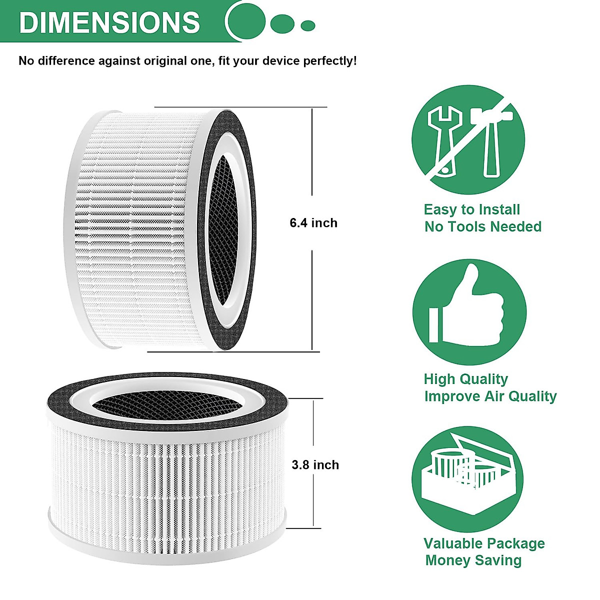 2-Pack H13 True HEPA Replacement Filter, Compatible with Afloia Fillo, Afloia Halo, Mooka Allo and Honati Air Purifier, 3-in-1 Pre-filter, True HEPA and Activated Carbon Filtration