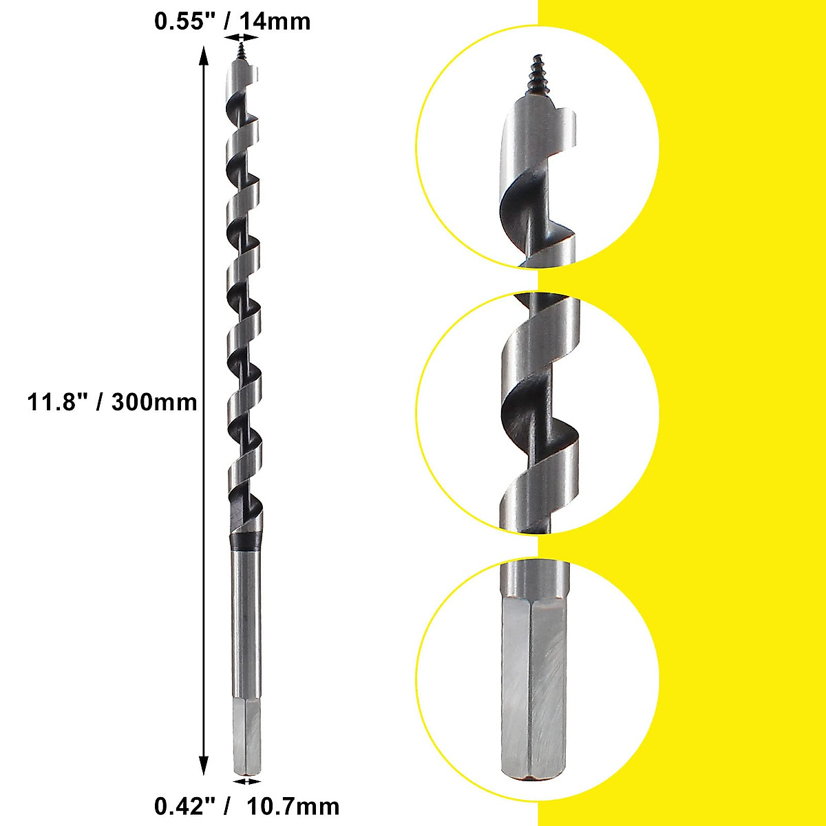 Muretnze 9/16 Inch x 12 Inch Long Auger Drill Bit for Wood, Hex Shank 3/8 Inch for Wood, Extra Long Drill Bits Brad Point Augers Drill Bits for Soft and Hard Wood, Plastic and Drywall.