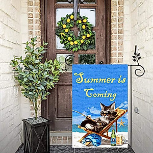 Cats Garden Flag Summer is Coming Garden Flag 12.5"x18" Double Sided Summer Beach, Cats, Fish and Beer Garden Flag, Yard Outdoor Home Decor Sign