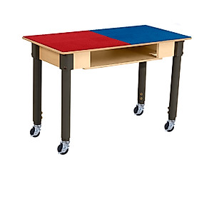 Wood Designs Time-2-Play Montessori Play Table, Reactangular Birch Plywood Red & Blue Lego Compatible Building Blocks Table Built-in Storage with Wheels for Kids [18”-29” Adjustable Legs]