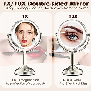 VESAUR 8.5" Large Tall Lighted Makeup Mirror, 1X/10X Magnifying Vanity Mirror with 3 Color Lights, 48 LEDs Adjust Brightness(0-1200Lux), Senior Pearl Nickel Swivel Cosmetic Mirror, Dual Power Supply