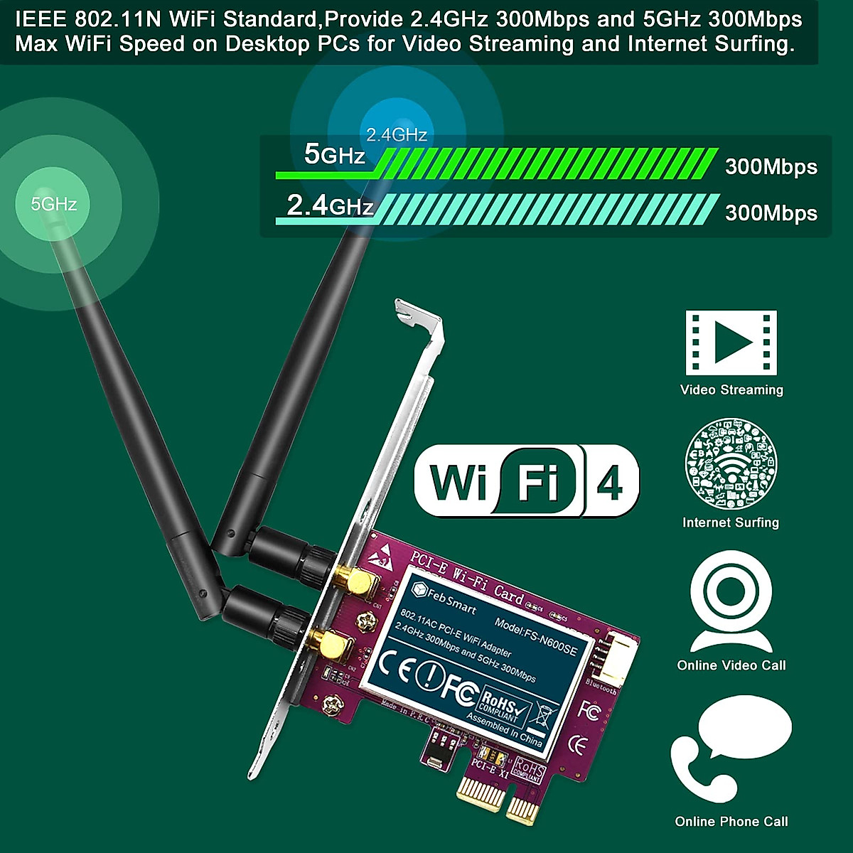 FebSmart Wireless N 600Mbps Dual Band PCIE WiFi Adapter for Windows 11, 10, 8.x, 7, XP (32/64bit) and Windows Server Desktop PCs, 2.4GHz 300Mbps or 5GHz 300Mbps PCIE WiFi Card (FS-N600BT)