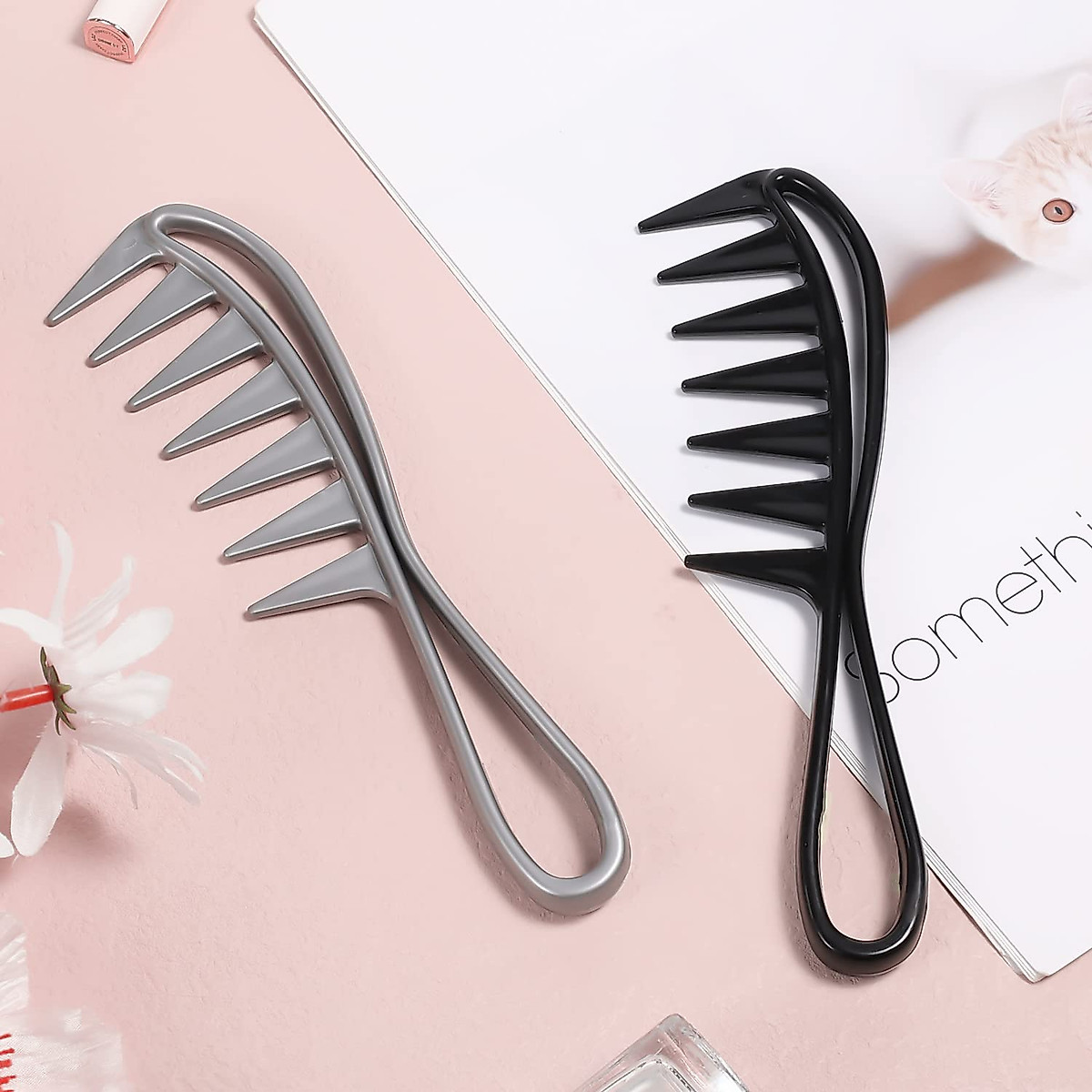 2 Pcs Wide Tooth Comb, Large Texture Combs Wide Tooth Curl Comb Shark Teeth Hairstyle Tool for Curly Wet Wavy Thick Hair Wigs Barber Salon, Women Men (Black)