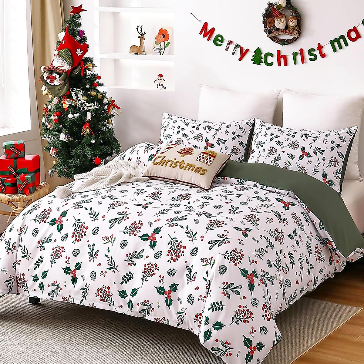 WONGS BEDDING Christmas Duvet Cover Set King,Merry Christmas Holly Berry Printed Bedding Duvet Cover,3 Pieces New Year Bedding Set with 2 Pillowcases 104”X 90”
