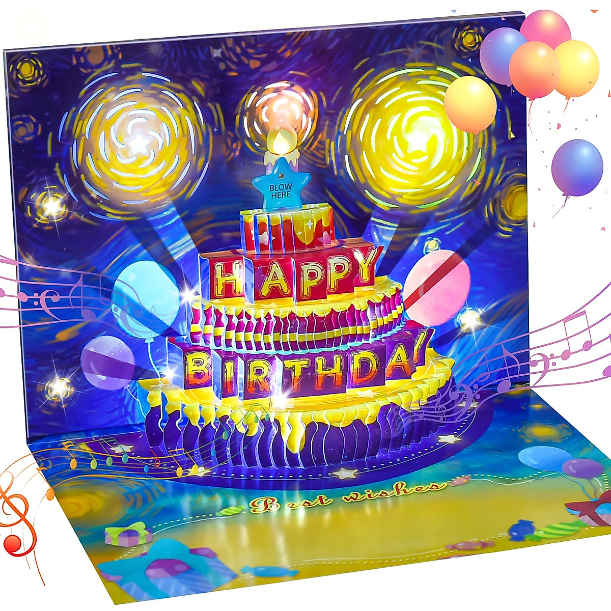 VUBOJO UPGRADED 3D Pop Up Firework birthday card, with Music and LED firework Birthday Cards with Blowable birthday candles. Birthday Gift for Mom,Dad, Women, Men, Wife, Grandma, Grandpa