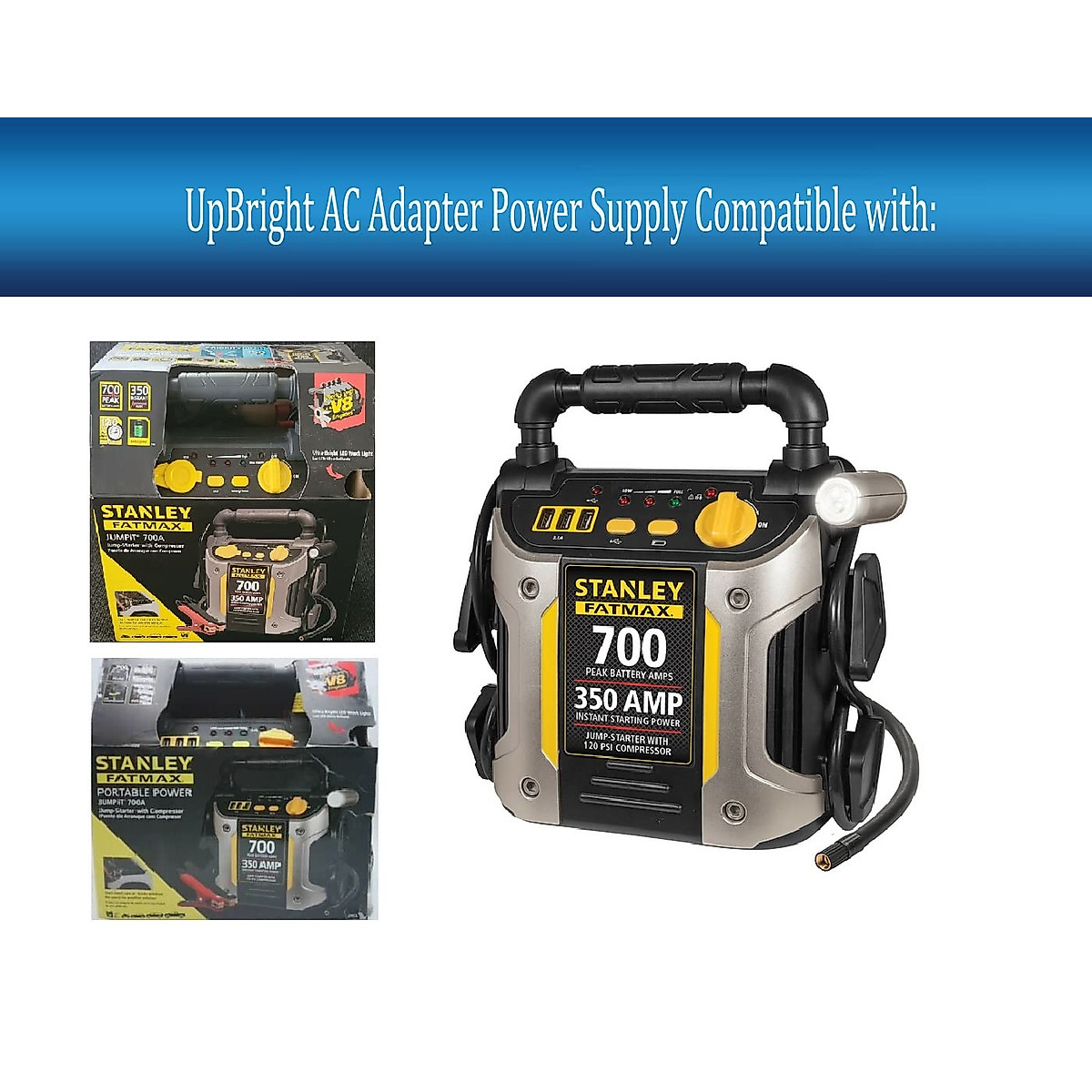 UpBright 12V AC Adapter Compatible with Stanley FATMAX J7CS J7CSC J7CSR Portable Power Station Jump Starter JUMPiT 700A Battery 350A Instant Starting Air Compressor 12 Volt Supply 12VDC 500mA Charger