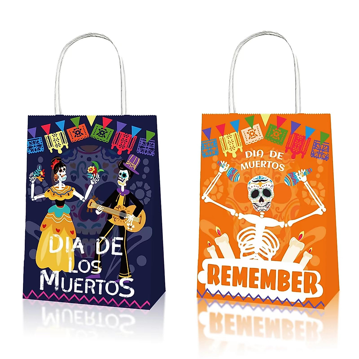 YVAINE 12 Pieces Day of The Dead Gift Bags with Handle Dia De Los Muertos Paper Party Favor Bags Sugar Skull Paper Bag for Halloween Birthday Party Decoration Mexican Fiesta Party Supplies