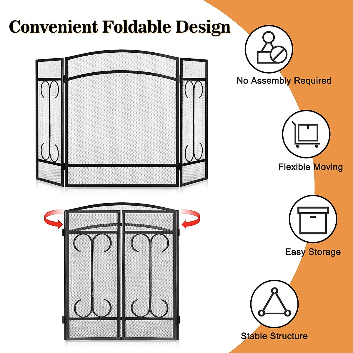 Gtongoko 3 Panel Fireplace Screen 48" W x 29" H Modern Wrought Iron Decorative Large Fire Spark Guard Grate Heavy Duty for Living Room Home Outdoor Decor - Black