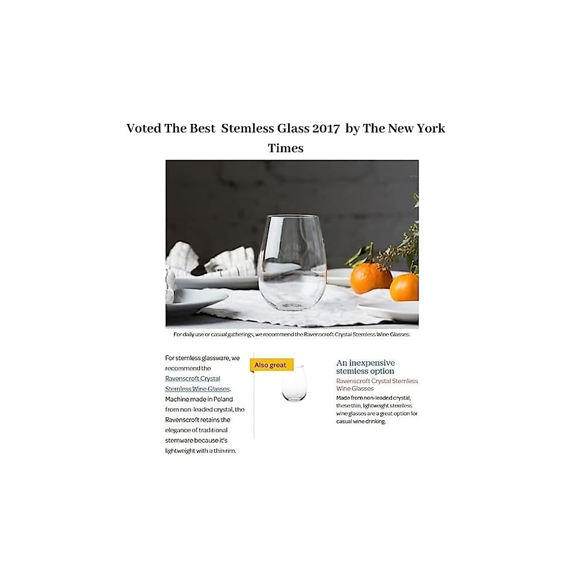 Voted New York Times Best Stemless Glass 2017, Elegant European Lead-Free Crystal Stemless Wine Glasses, Set of 6, 17 Fl Oz, Perfect for Scotch, Whisky, Cocktails, Water, and Smoothies