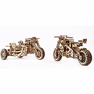 UGEARS Motorcycle with Sidecar 3D Puzzles - UGR-10 Motorcycle Scrambler Perfect Father's Day Gift Idea Wooden Model Kits for Adults to Build - Retro Design Sidecar Motorbike Model Kit with Rubber Band Motor