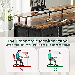 Huuger L Shaped Desk Computer Desk with LED Lights & Power Outlets, Gaming Desk with Storage Shelves, Corner Desk Home Office Desk, Rustic Brown