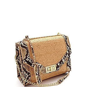 Small Medium Straw Boho Bali Beach Rattan Clutch Satchel Crossbody Bag Purse (Small Snake Print Trim Crossbody - Black Snake)