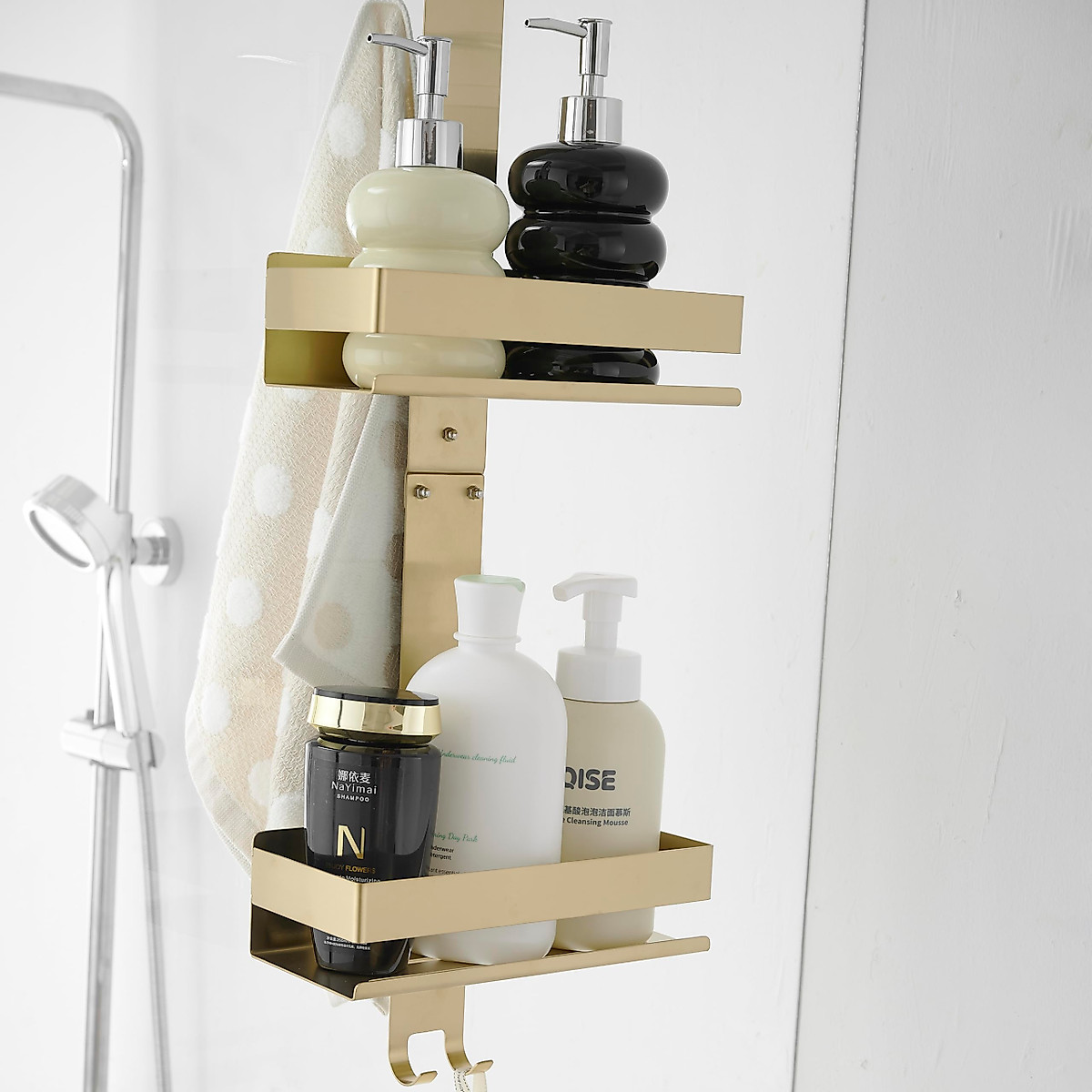 Beelee Over Door Shower Organizer：2 Tier Shower Caddy Hanging Brushed Gold Bathroom Organizer Shelf