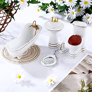 Skylety 6 Pieces 1:12 Dollhouse Bathroom Set Porcelain Dollhouse Miniature Furniture Toys Ceramic Dollhouse Toilet Basin Bathtub Mirror Doll Dollhouse Bathroom Accessories