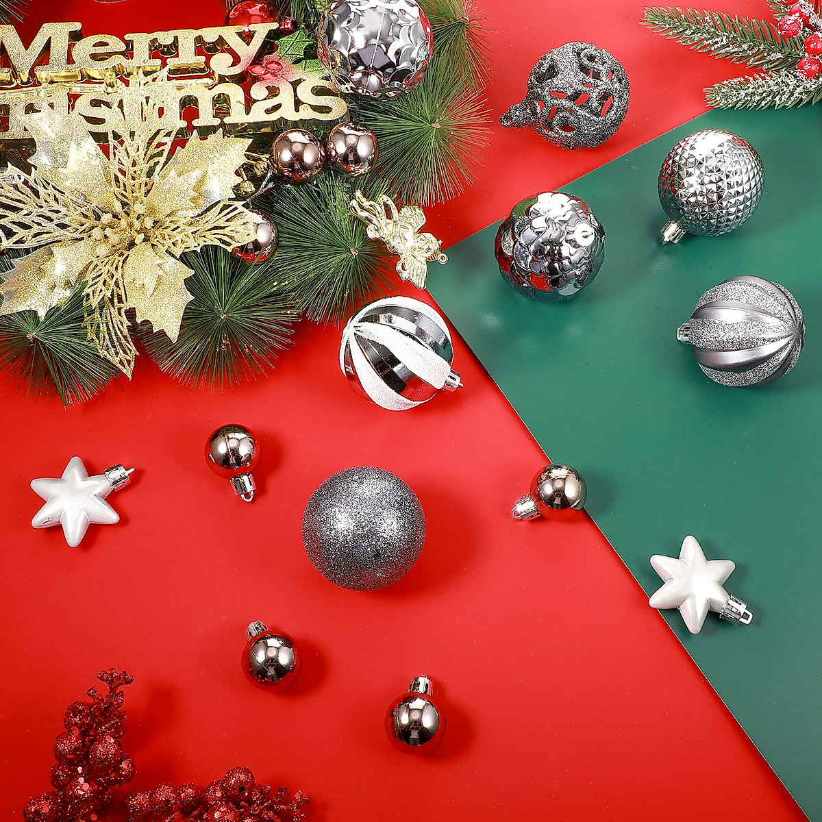 42 Pcs Christmas Tree Balls Ornaments Hanging Christmas Balls Glitter Plastic Xmas Tree Baubles 2.36'' and 1.18'' Christmas Tree Pendant Ball for Holiday Party Decoration (Silver, Stripe)