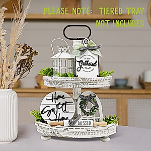 Houmury Set of 16 Farmhouse Tiered Tray Decor with 1 Lantern Artificial Plant& Cutting Board Sign for Rustic Home Sweet Home Kitchen Decor Tier Tray Decor Set