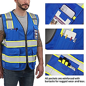 Dib Safety Reflective Mesh Vest High Visibility Two Tone with Pockets and Zipper, Blue Mesh with Yellow Trim L