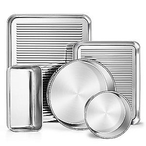 Homikit Bakeware Set of 5, Stainless Steel Baking Pan Sets Nonstick, Heavy Duty Metal Baking Sheets Tray and Round Cake Bread Meatloaf Pans Great for Oven Cooking Roasting, Rust Free & Dishwasher Safe