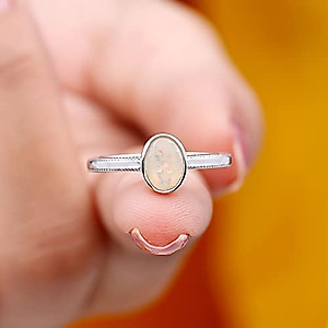 Certified Natural Opal 6X8mm Oval Engagement Ring, AAA Quality, Ethiopian Opal Solitaire Ring - With Jewelry Box, 14K White Gold, Size:US 6.50